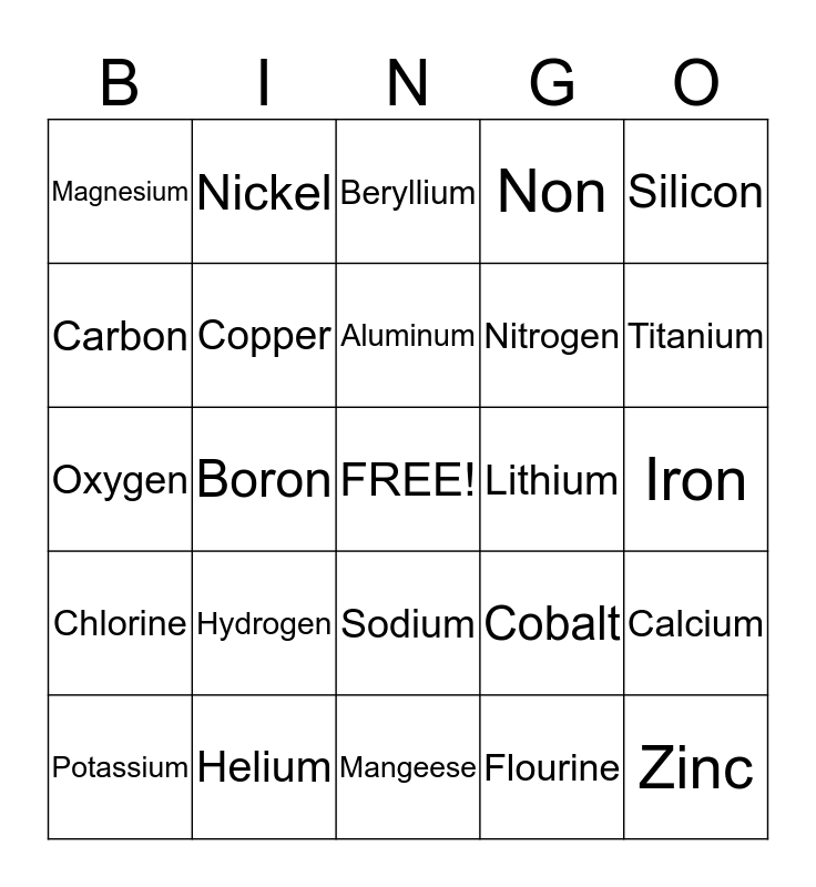 Elements Bingo Card