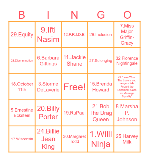 Pride Month Bingo Card