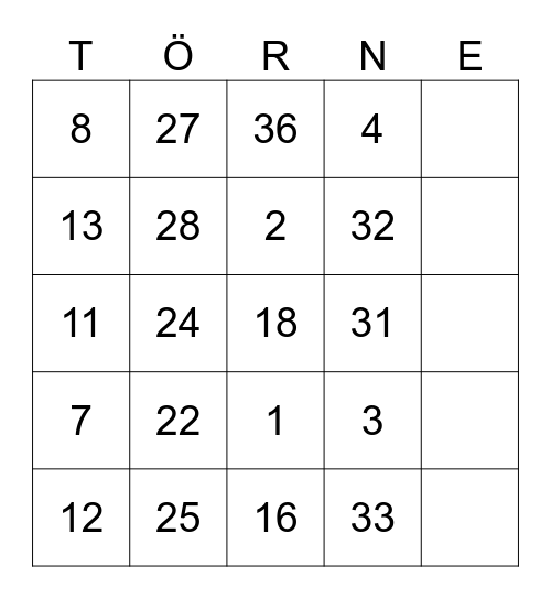 Number Bingo 1-36 Bingo Card