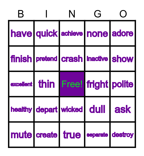 Synonym & Antonym Bingo Card