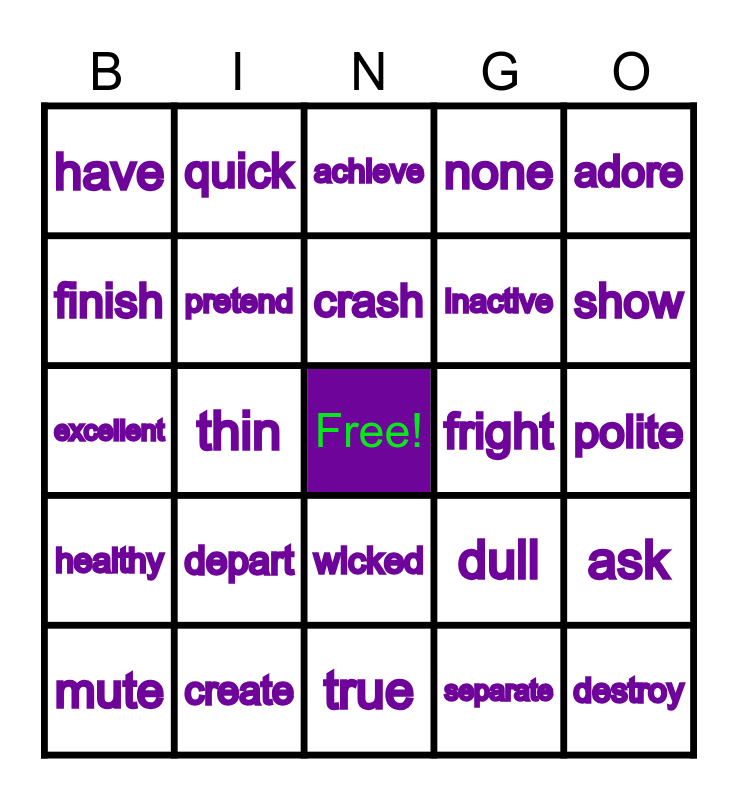 Synonym & Antonym Bingo Card