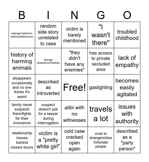 True Crime Bingo Card