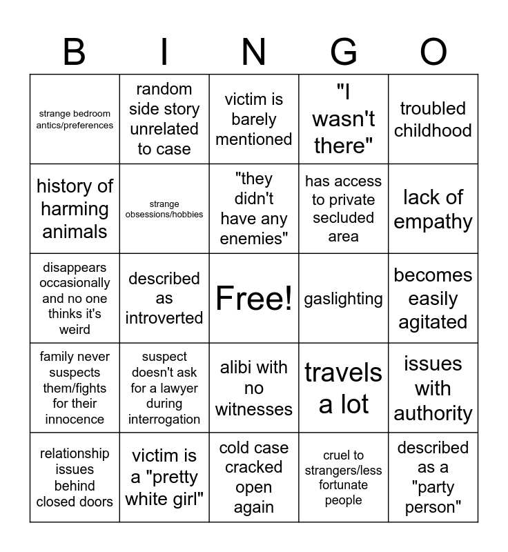 True Crime Bingo Card