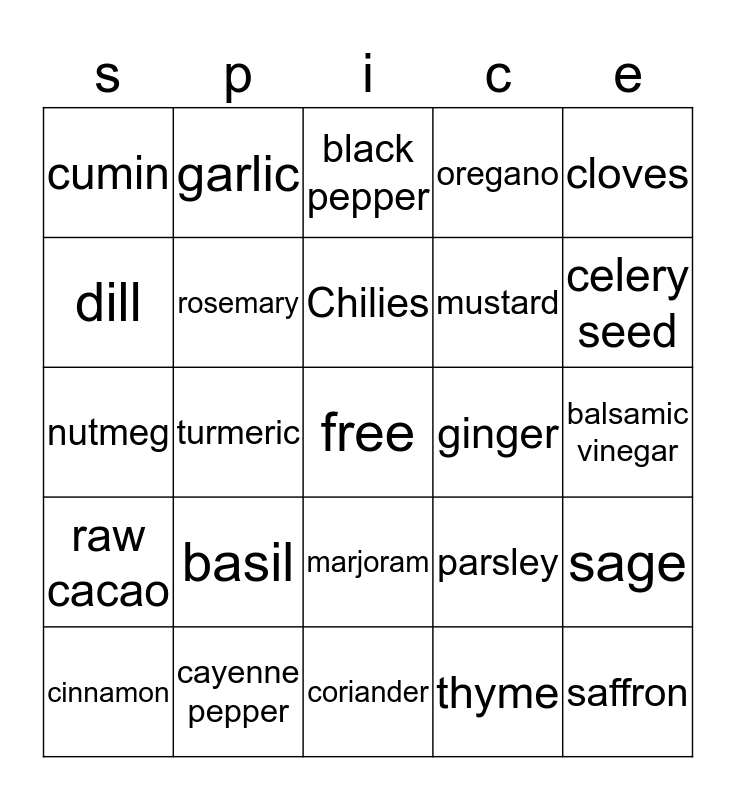 Spice bingo Card