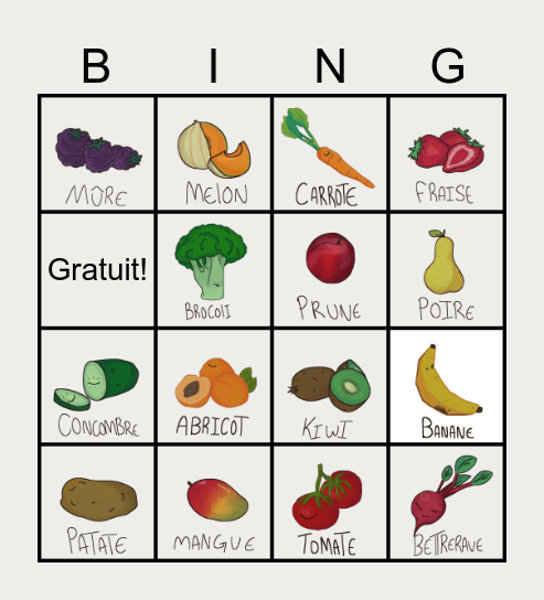 Bingo au Fruits et Légumes Bingo Card