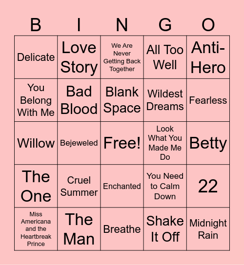 Taylor Swift Eras Tour BINGO Card