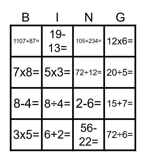 Subtraction Bingo Card