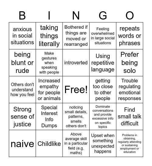 Autism Bingo Card