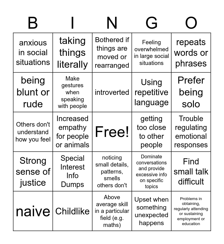 Autism Bingo Card
