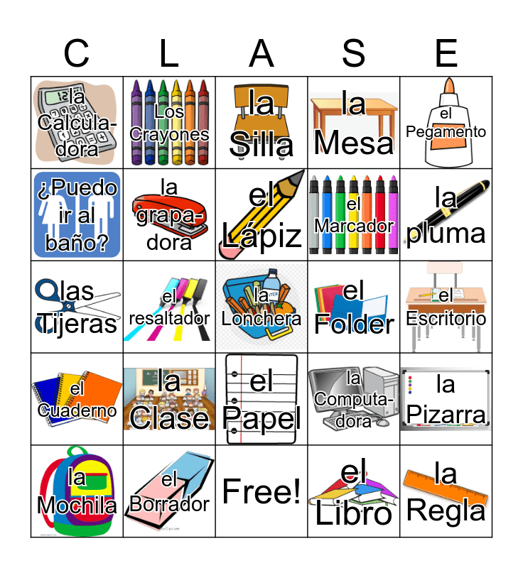 School Supplies In Spanish Bingo Card