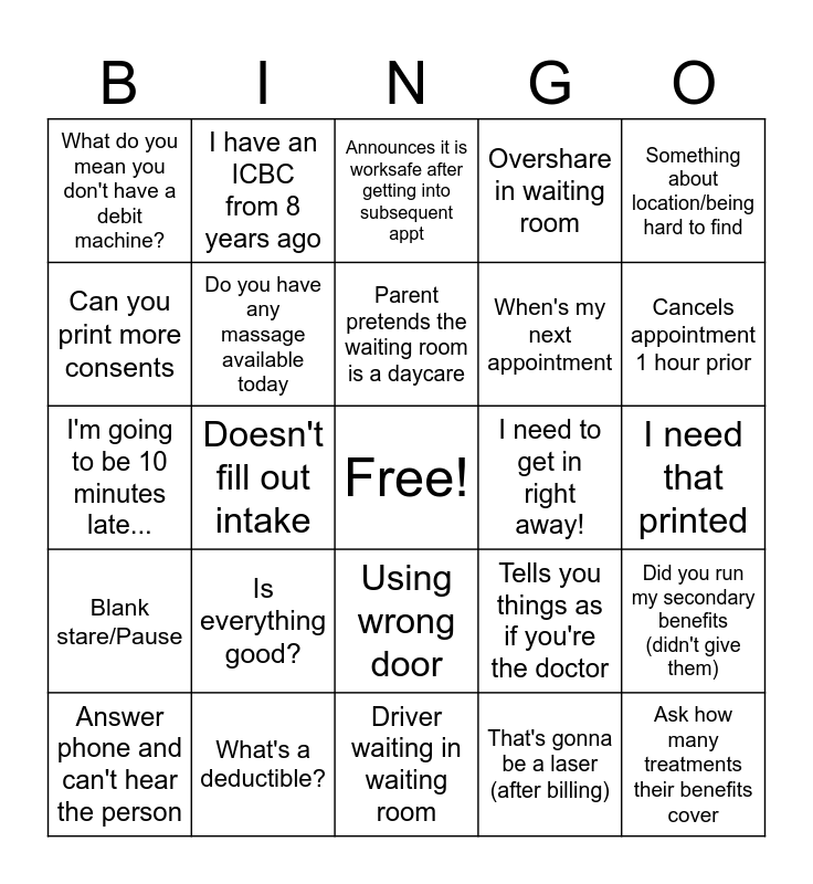 Front Desk Shenanigans Bingo Card