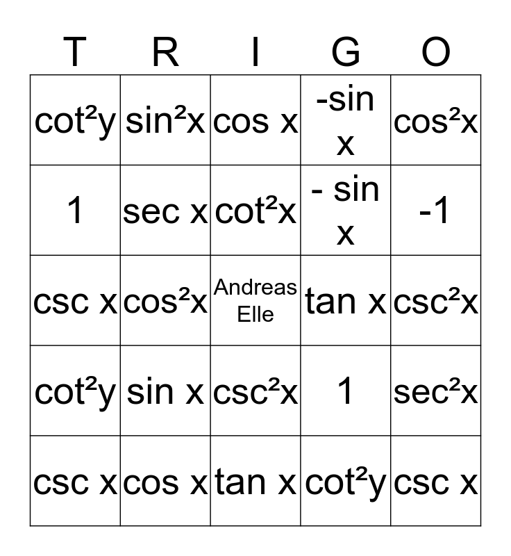 TRIGONOMETRY Bingo Card