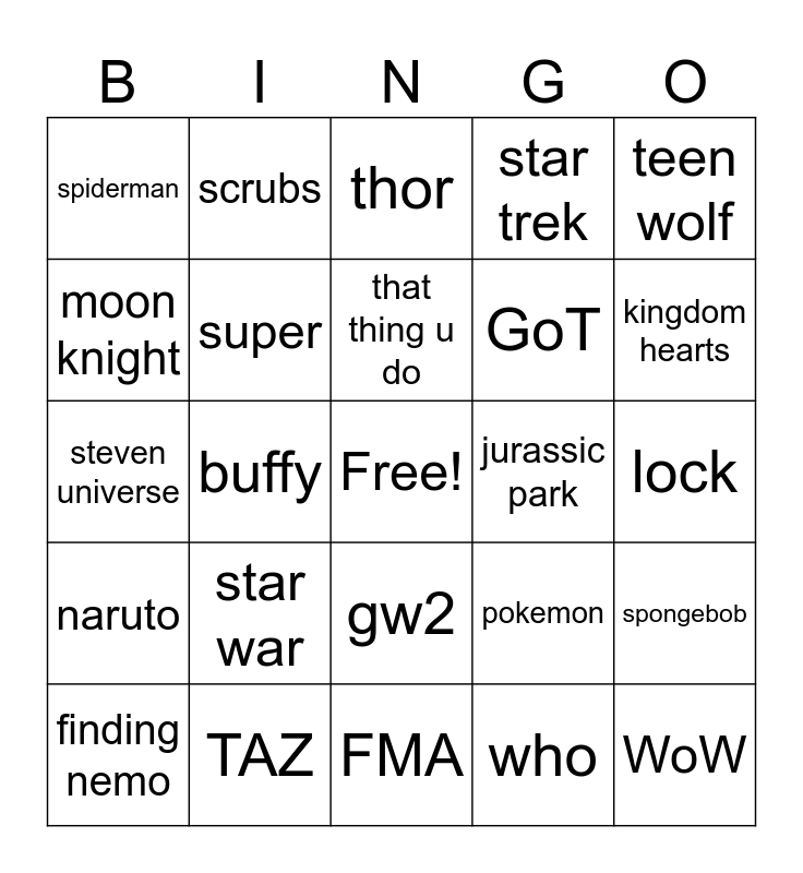 Fandom Bingo Card