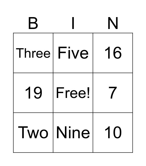 Numbers 1-20 Bingo Card