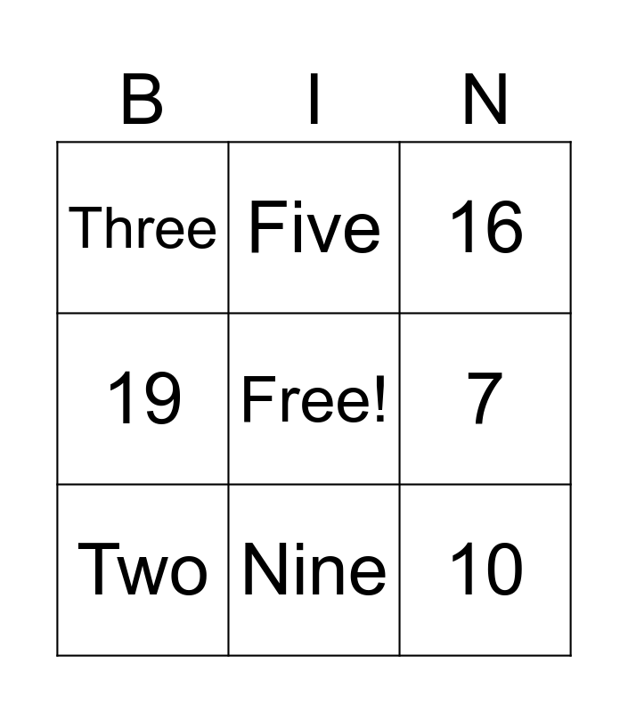 Numbers 1-20 Bingo Card