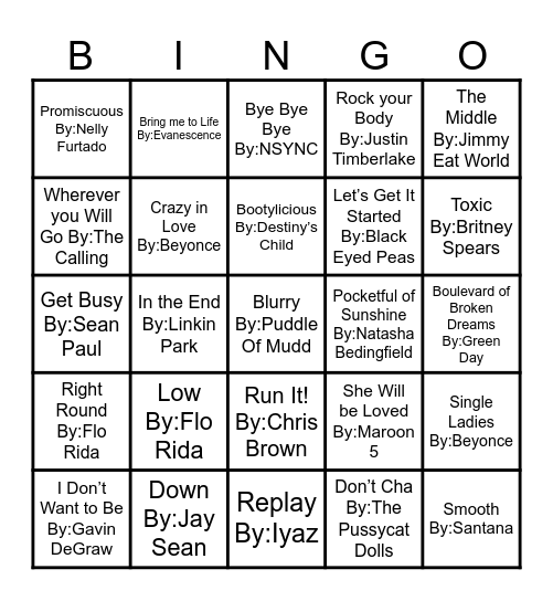 2000's Top Hits Music Bingo Card