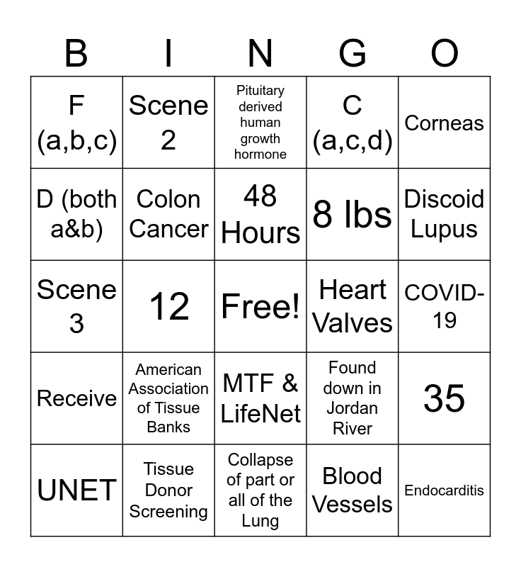 Tissue Donation Bingo Card