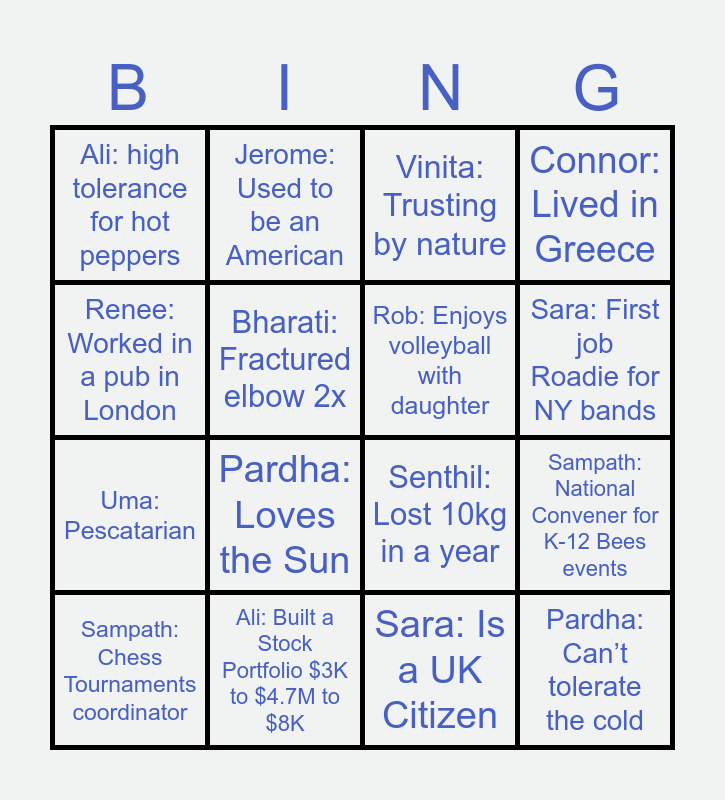 Team Fun Facts Bingo Card