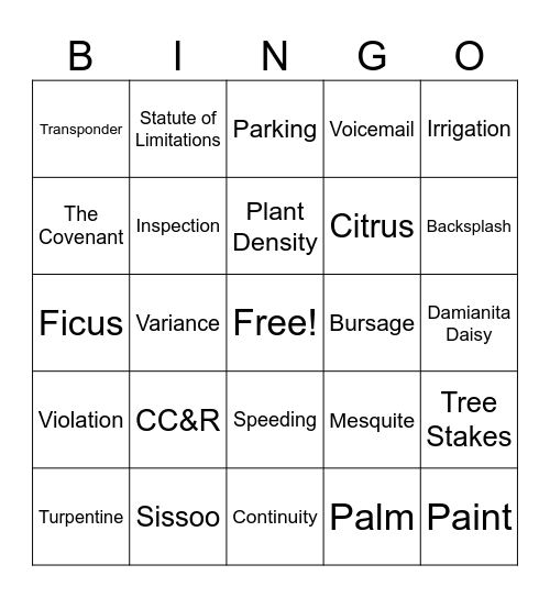 DC Ranch Bingo Card