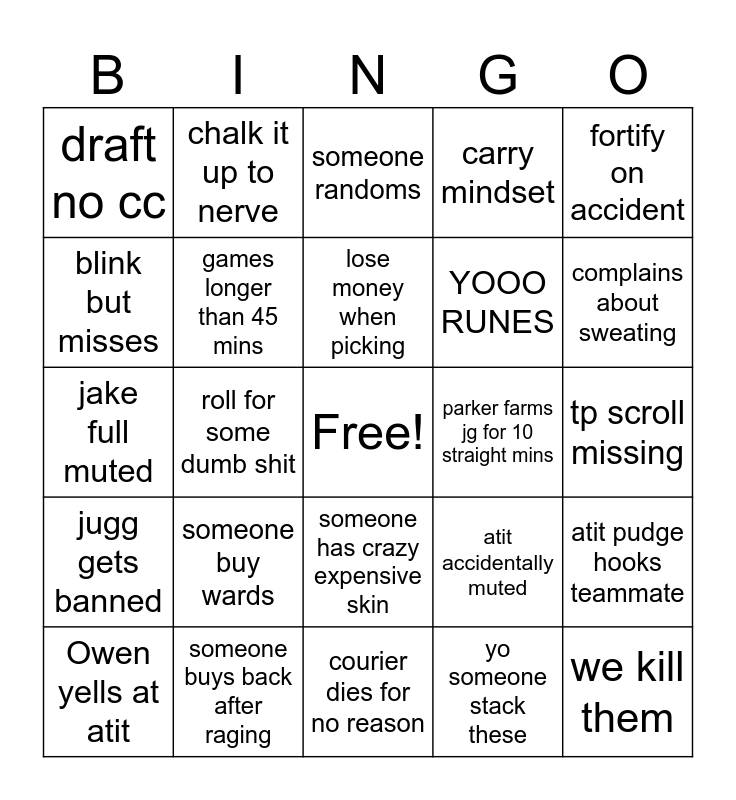 DOTA BINGO Card