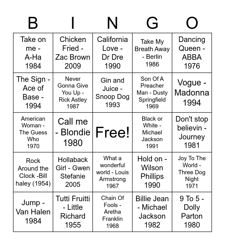 Music Through The Decades Bingo Card