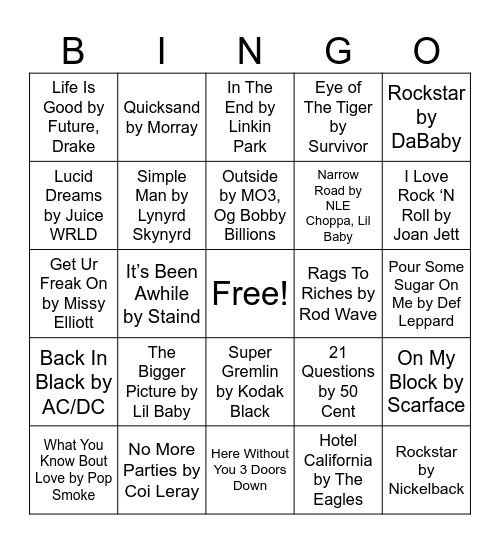 Rock & Rap/HipHop Bingo Card