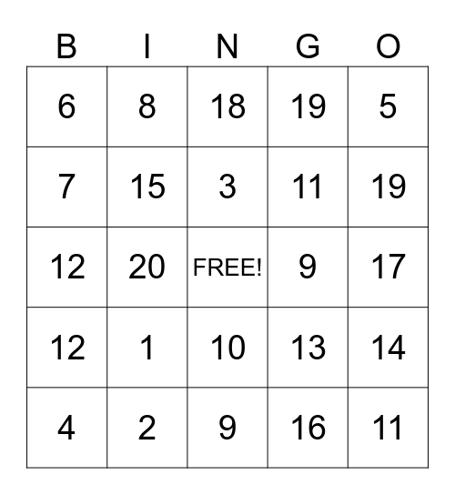 Math Bingo 1-20 Bingo Card