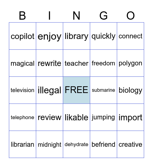 Words with Common Prefixes and Suffixes Bingo Card