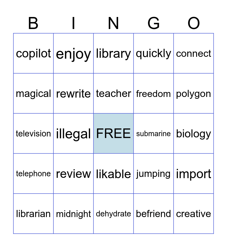 Words with Common Prefixes and Suffixes Bingo Card