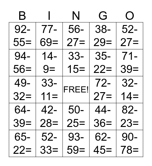 Double-Digit Subtraction BINGO Card