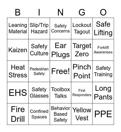 BWI SAFETY BINGO Card