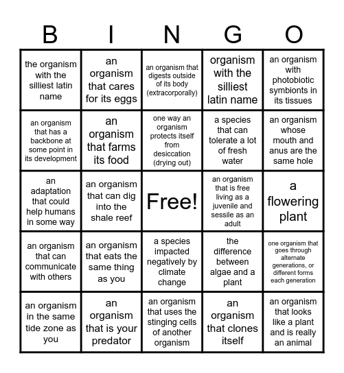 Rocky Intertidal Organism Bingo Card