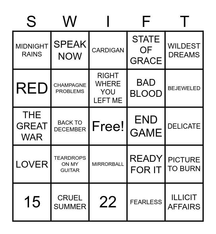 TAYLOR SWIFT SONGS Bingo Card