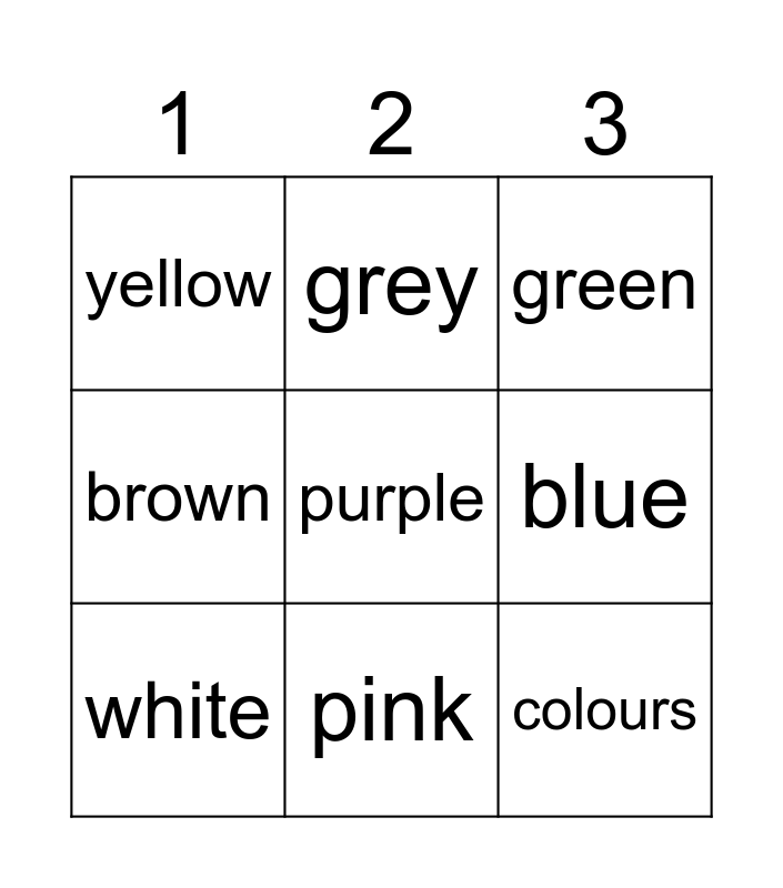 Colours Bingo Card