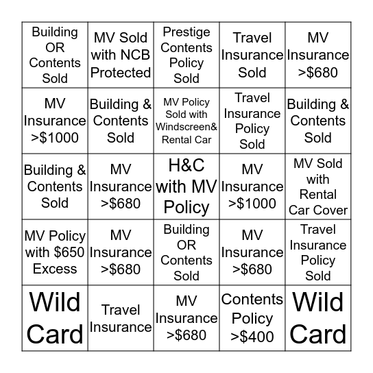 General Insurance Ratecard. Bingo Card