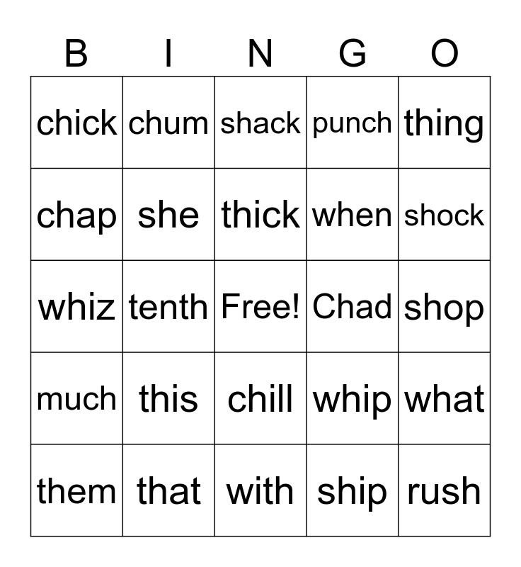 Digraphs BINGO Card