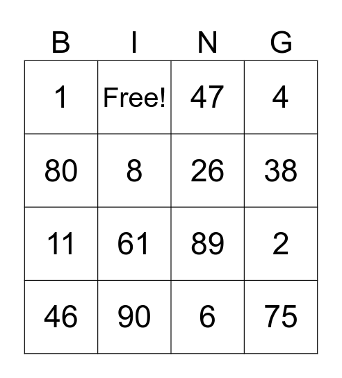Les nombres Bingo Card
