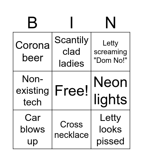 Fast and Furious Bingo Card