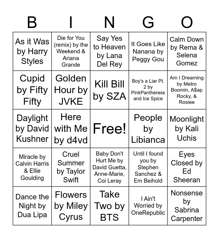 Top Hits Bingo Card