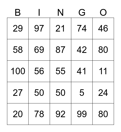 More than, less than Bingo Card