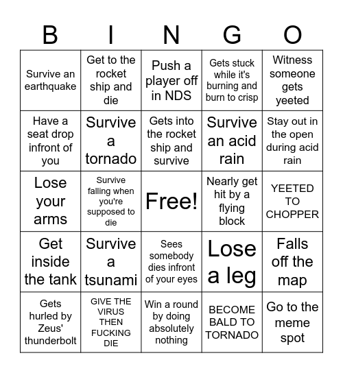 Bingo of Disaster Bingo Card