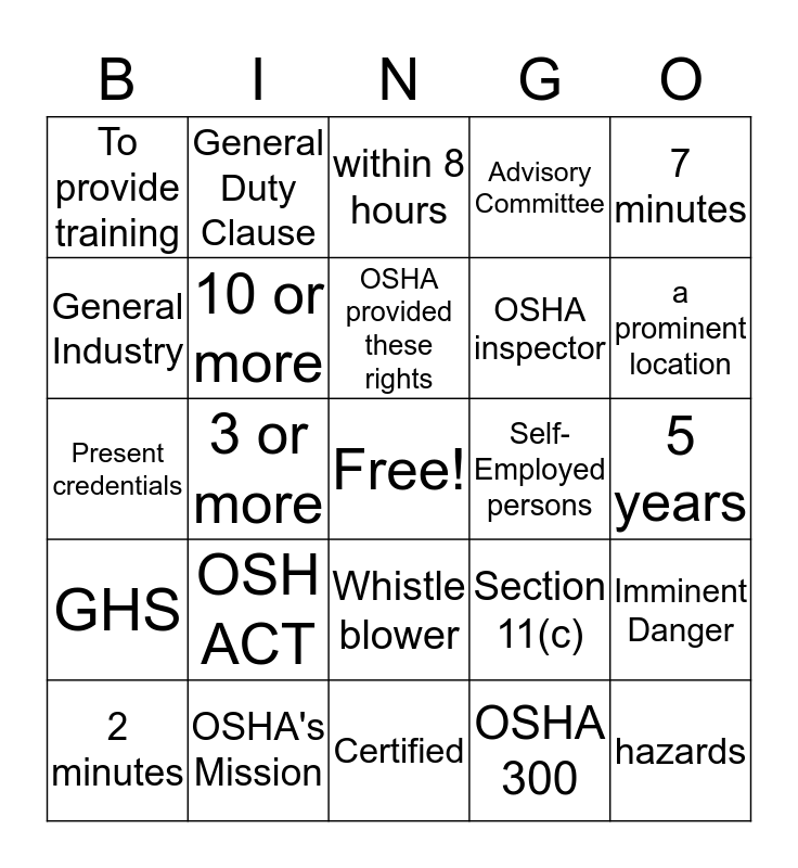 Intro to OSHA Bingo Card