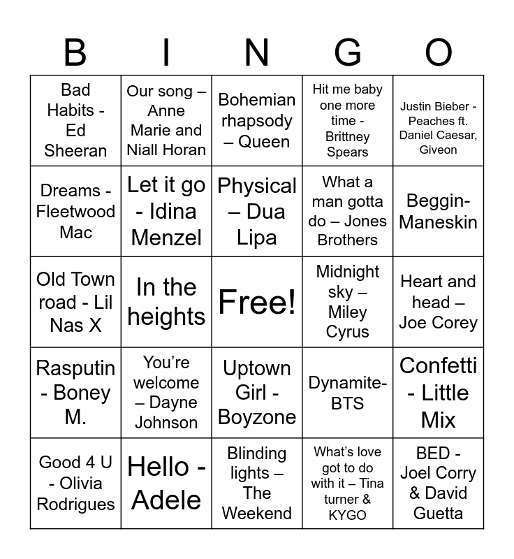 Musical Bingo Card
