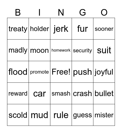 Homophone words Bingo Card