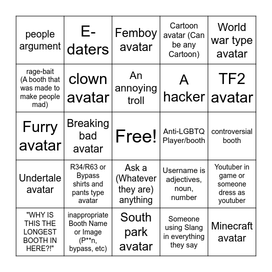 Rate My Avatar Bingo Card