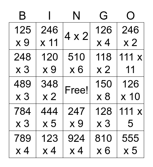 4th Grade Math Bingo Card