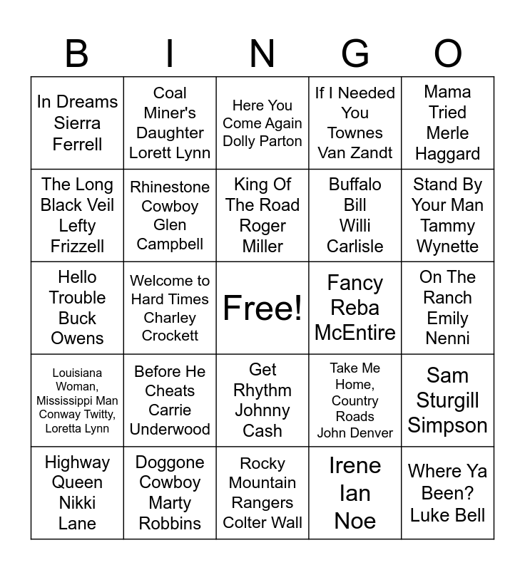 Country Bingo R1 Bingo Card