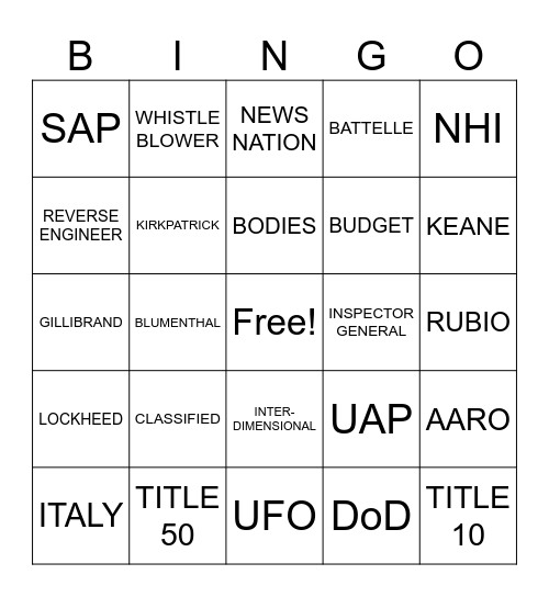 US HOC UAP HEARING 2023 Bingo Card