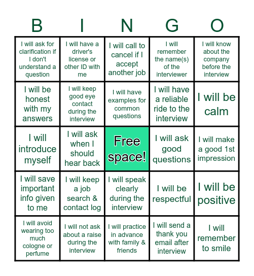 Teen Job Interview BINGO Card