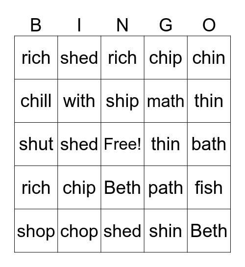 Digraph Bingo Card